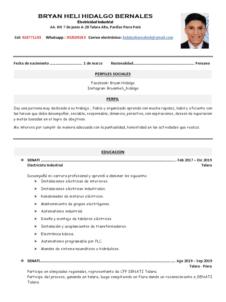 CV Bryan Hidalgo Bernales VF-1-15 | PDF | Electricista | Ciencias fisicas