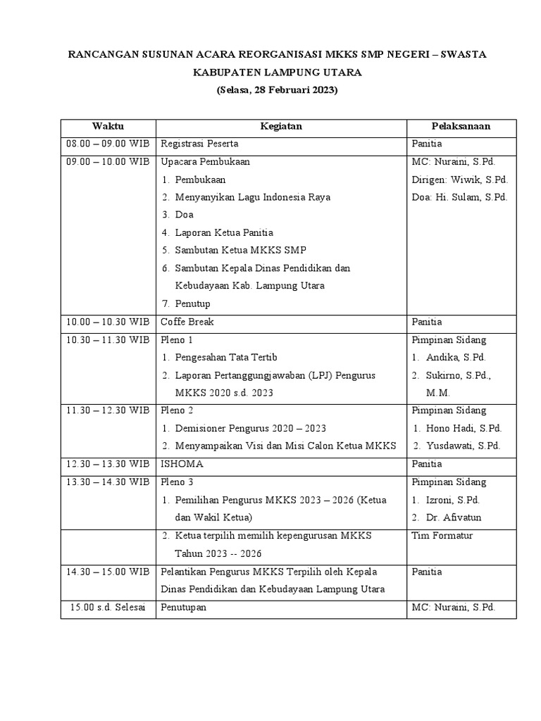 Rancangan Susunan Acara Reorganisasi MKKS SMP Negeri | PDF