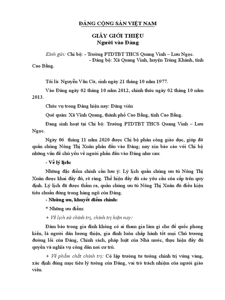 Giay Gioi Thieu Nguoi Vao Dang | PDF
