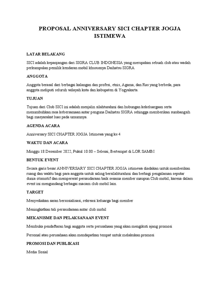 Proposal Anniversary Sici Chapter Jogja Istimewa | PDF