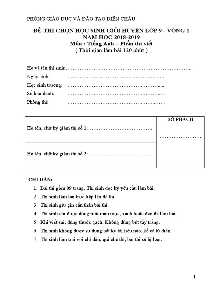 Thi HSG Anh 9 2018-2019 | PDF