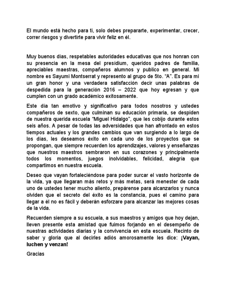 Palabras de Despedida de Quinto Grado | PDF