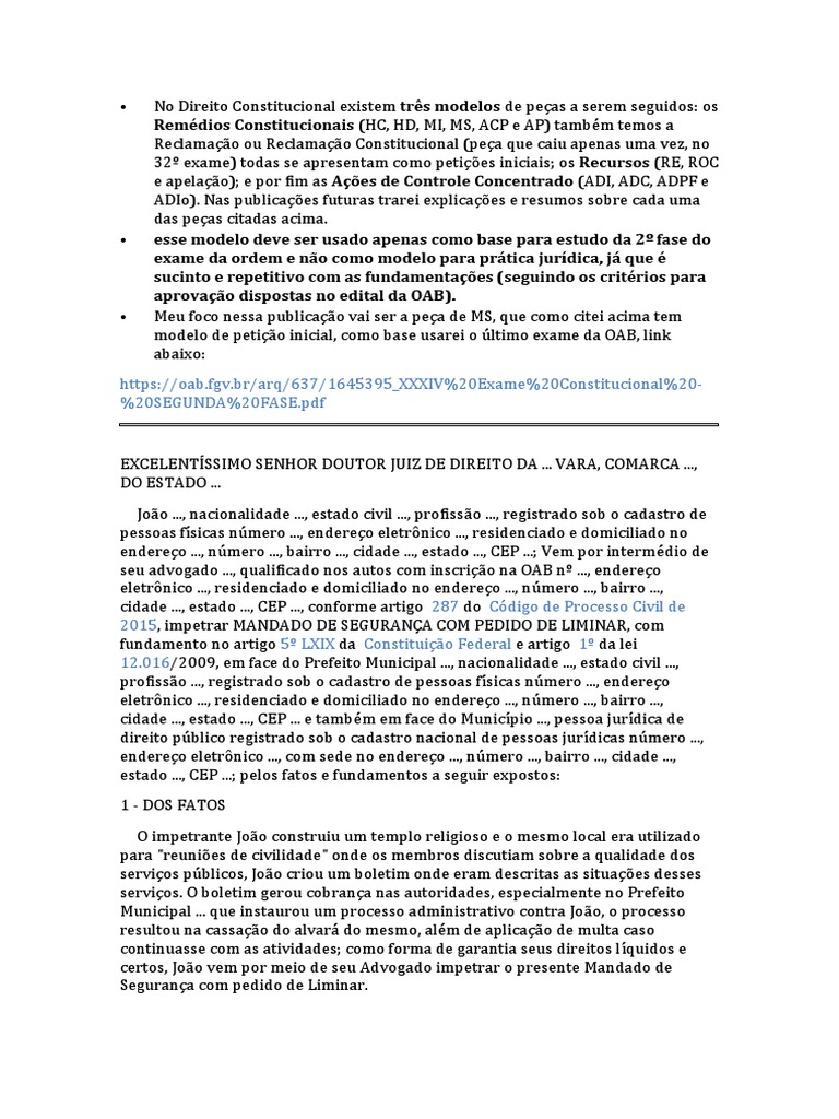 Modelo de Mandado de Segurança OAB | PDF | Mandamus | Habeas corpus