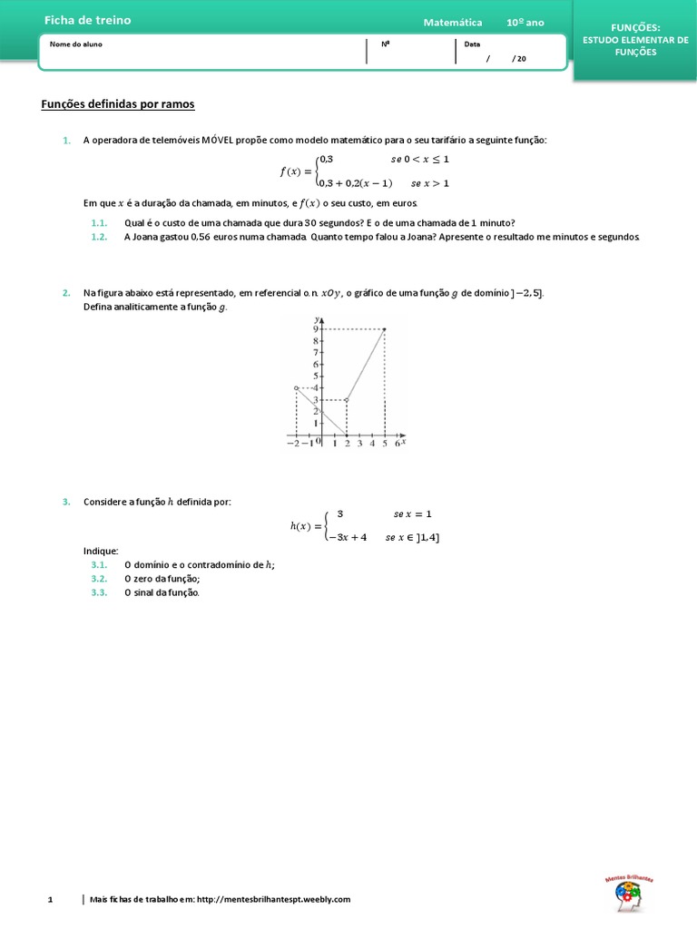 Funções Definidas por Ramo: Exercícios 10º Ano | PDF | Função ...