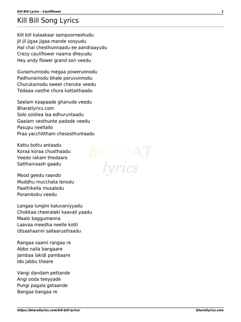 Kill Bill Lyrics by Cauliflower | PDF