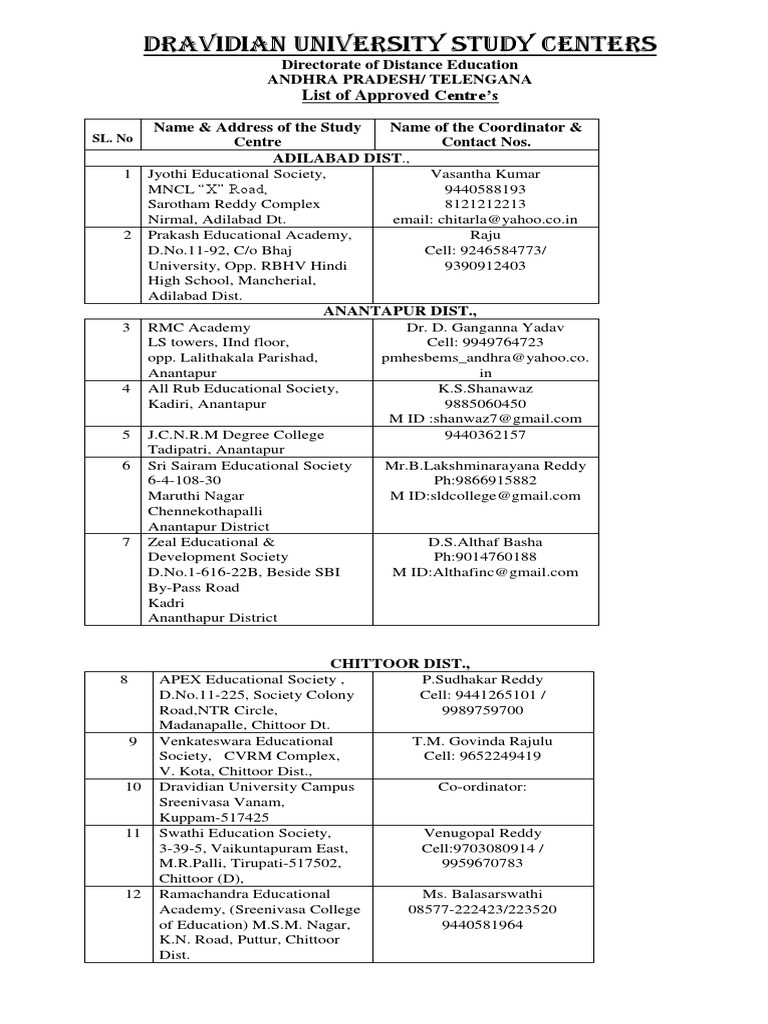 Dravidian University Study Centres List | PDF