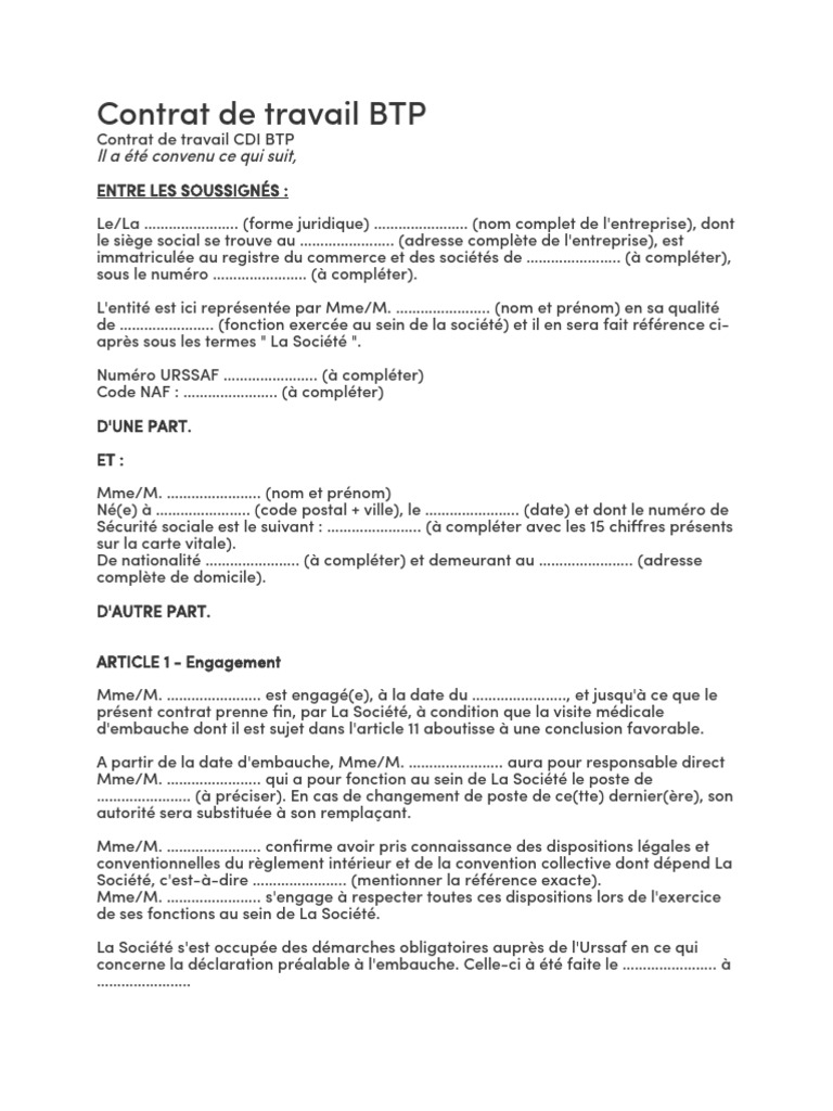 Contrat de Travail BTP | PDF | Business | Économie