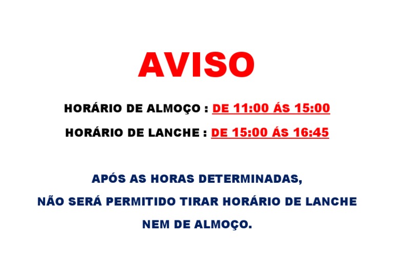 Aviso de Hora de Almoço e Lanche | PDF Aviso de Hora de Almoço e Lanche | PDF