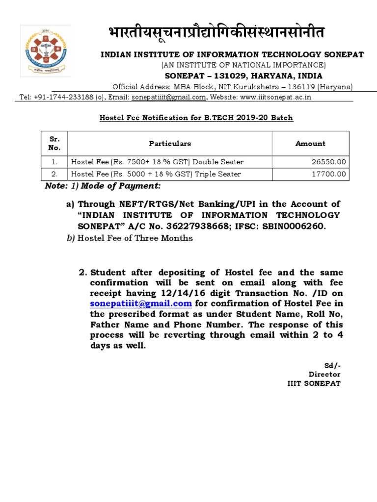 Hostel Fee Notification 2019 Batch Students | PDF