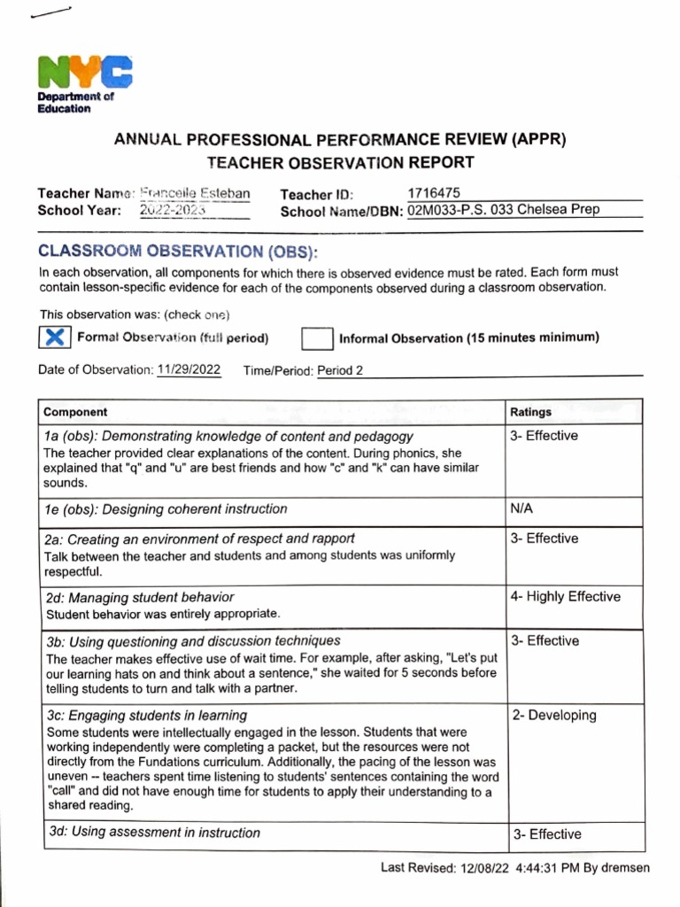 Formal Observation 2023 | PDF | Teachers | Education Theory