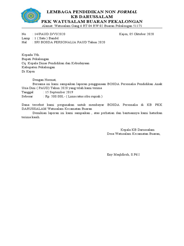 Laporan Penggunaan BOSDA PAUD 2020 | PDF