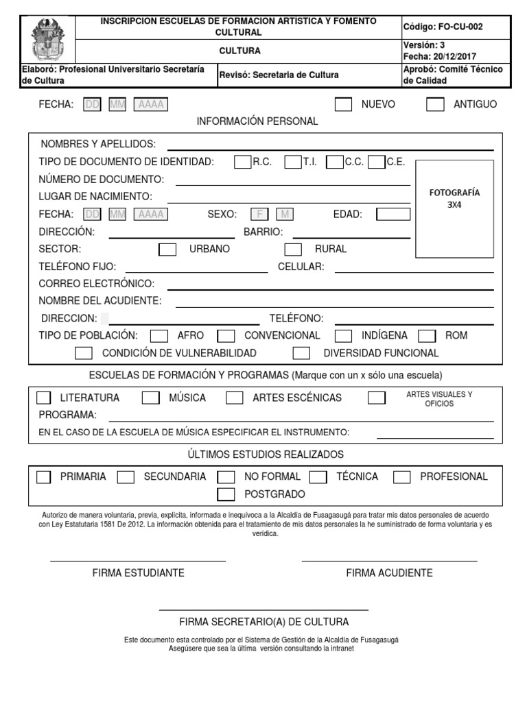 FO-CU-002 Inscripción Escuelas de Formación | PDF