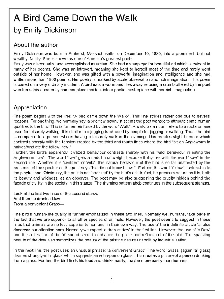 A Bird Came Down The Walk | PDF