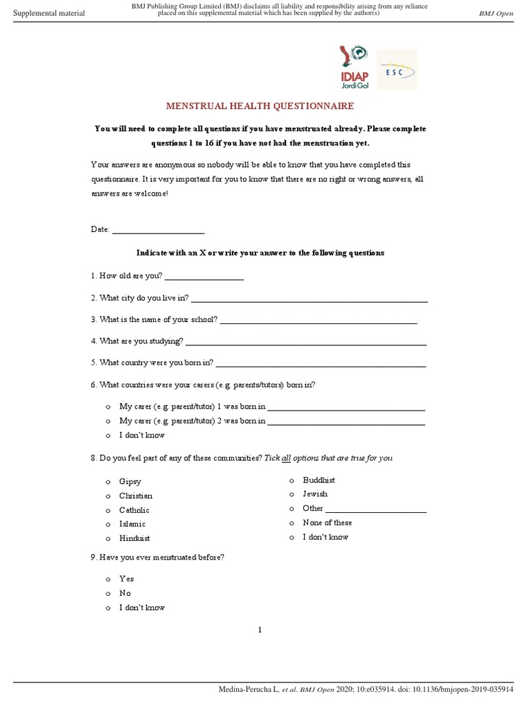 Menstrual Health Questionnaire for Teens | PDF | Menstruation ...