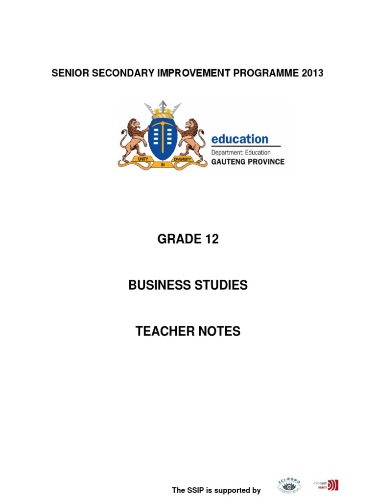 Consolidation Exercises for Grade 12 Business Studies: Teacher Notes ...