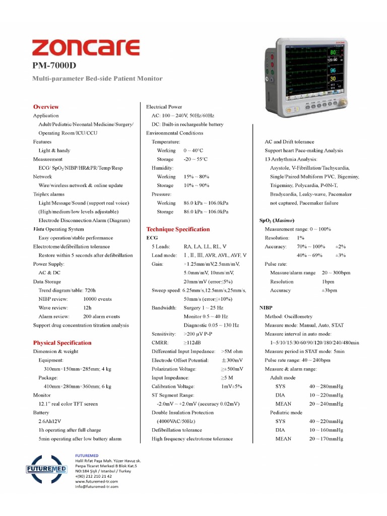 Pms 7000d Zoncare Multi Parameter Bed Side Patient Monitor | PDF