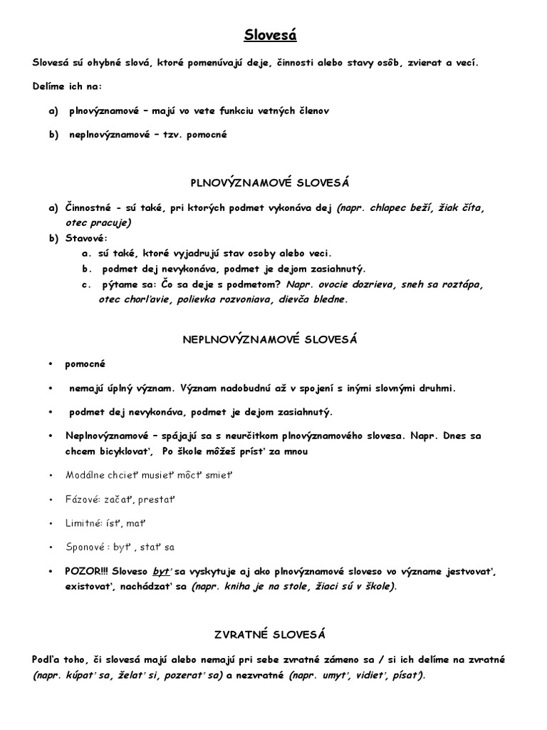 Slovesá - Poznámky | PDF