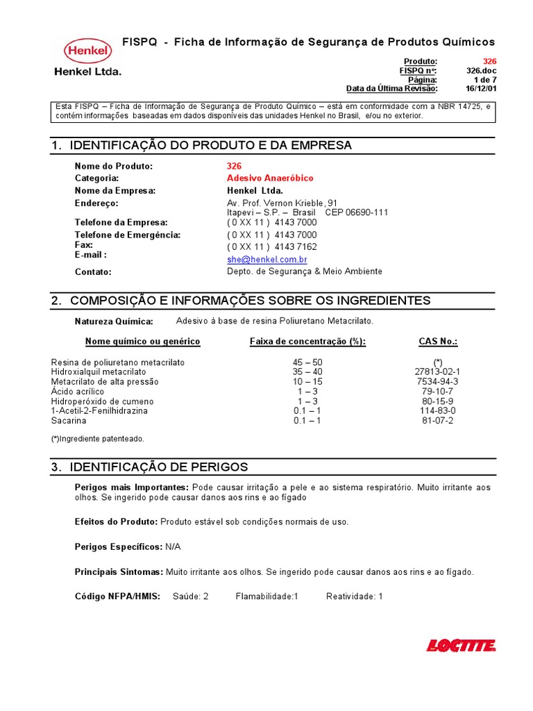 Fispq - 326 Loctite | Download grátis PDF | Química | Vapor
