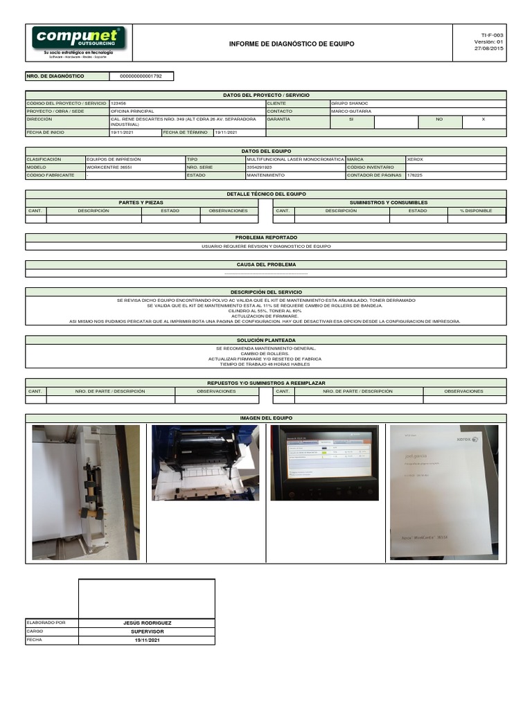 Diagnóstico de Impresora - Xerox WorkCentre 3655i - NS 3354291923 | PDF ...
