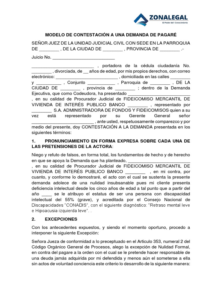 Modelo de Contestacion A Una Demanda de Pagare | PDF | Demanda judicial ...