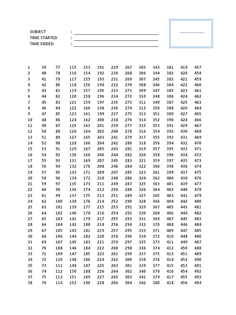 Numbering Sheets (1-500) | PDF