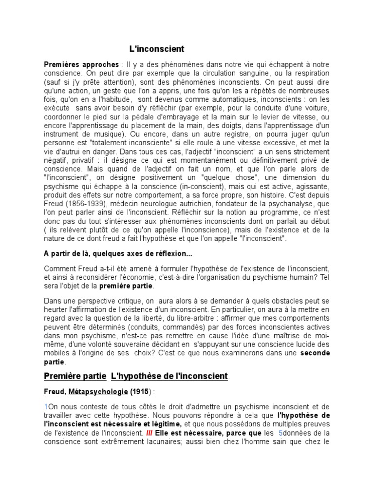 L'inconscient Cours | PDF | Inconscient | Concept de soi