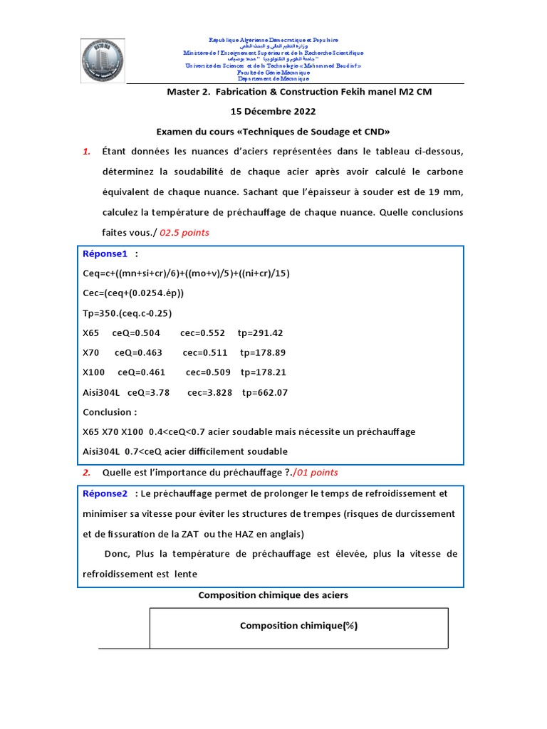 Solution D'examen Soudages M2 CM | PDF | Construction | Soudage