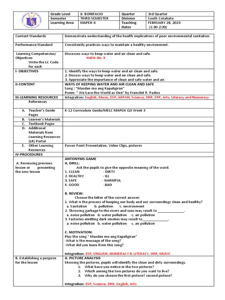 Cot-Health 6 q3 Lesson Plan | PDF | Literacy | Cognition