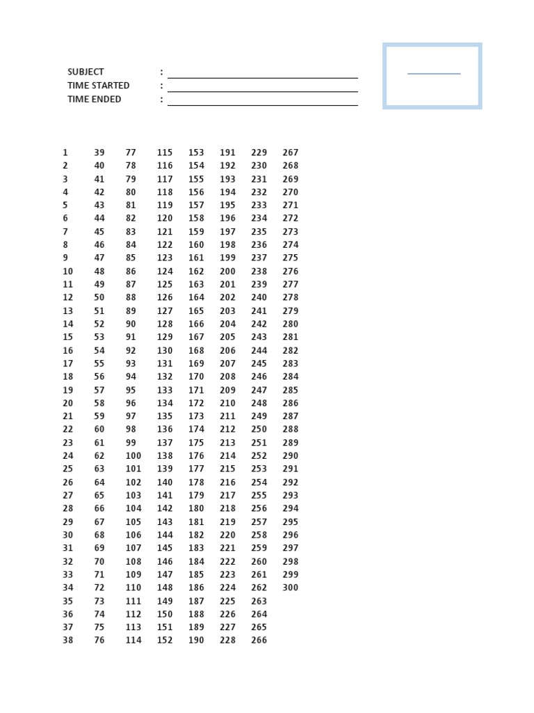 Numbering Sheets (1-300) | PDF