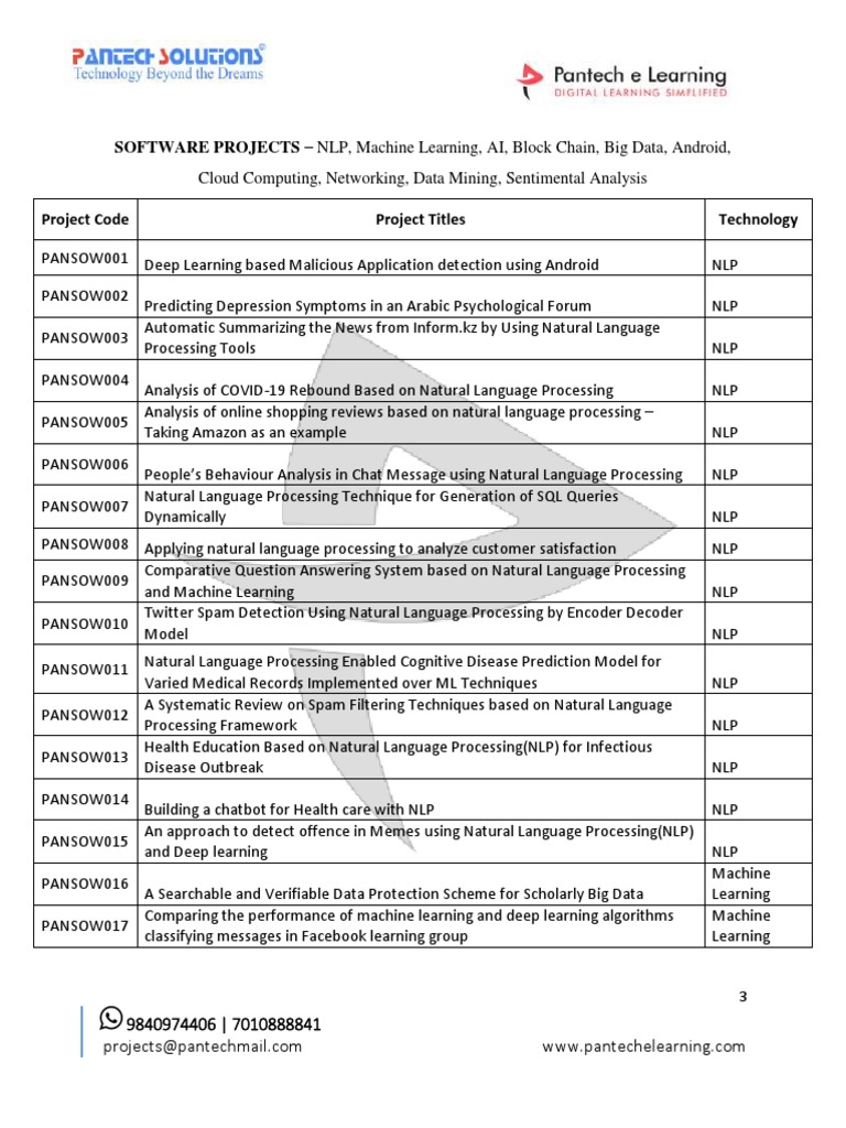 Pantech Software - NLP, ML, AI, Android, Big Data, Cloud Computing, NLP Projects | PDF | Machine ...