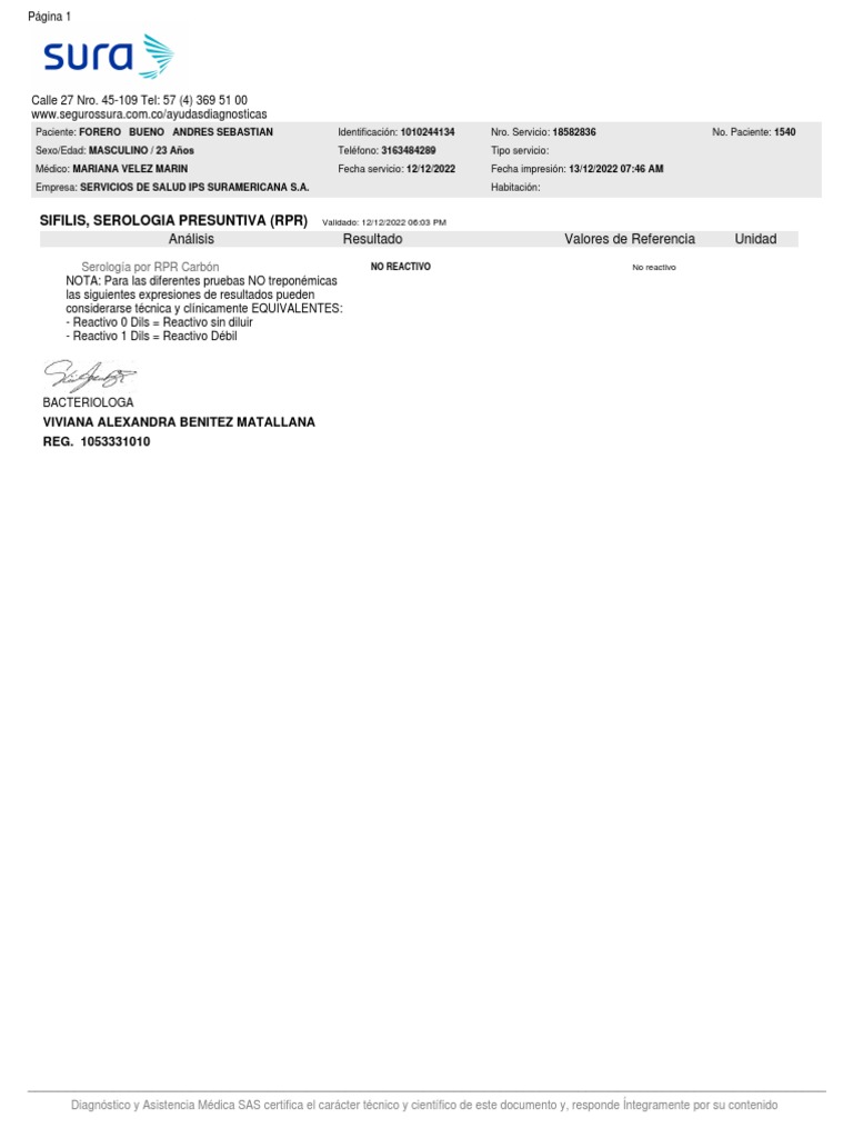 Análisis Resultado Valores de Referencia Unidad: Sifilis, Serologia Presuntiva (RPR) | PDF