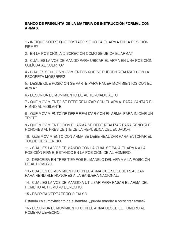 Banco de Pregunta de La Materia de Instrucción Formal Con Armas Efot ...