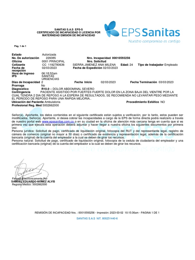 Sanitas S.A.S Eps-S Certificado de Incapacidad O Licencia Por ...
