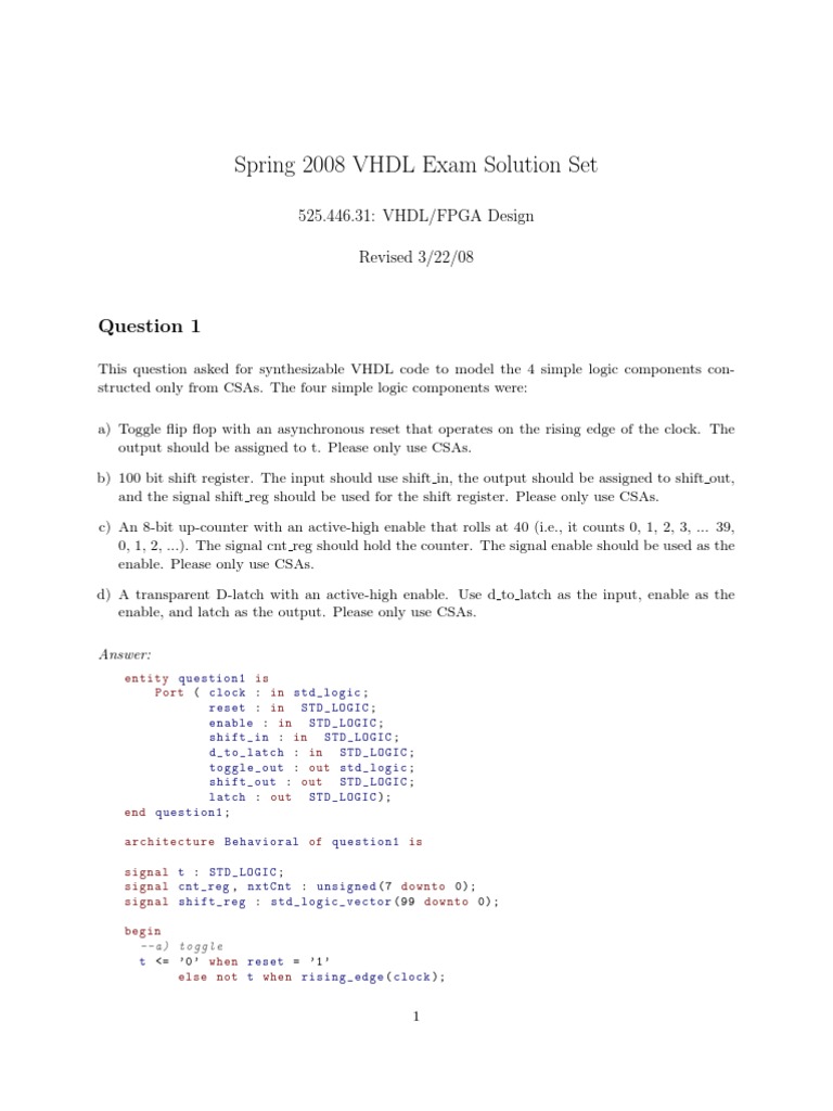 Vhdl Exam Spring 2008 Solution Set Pdf Vhdl Field Programmable