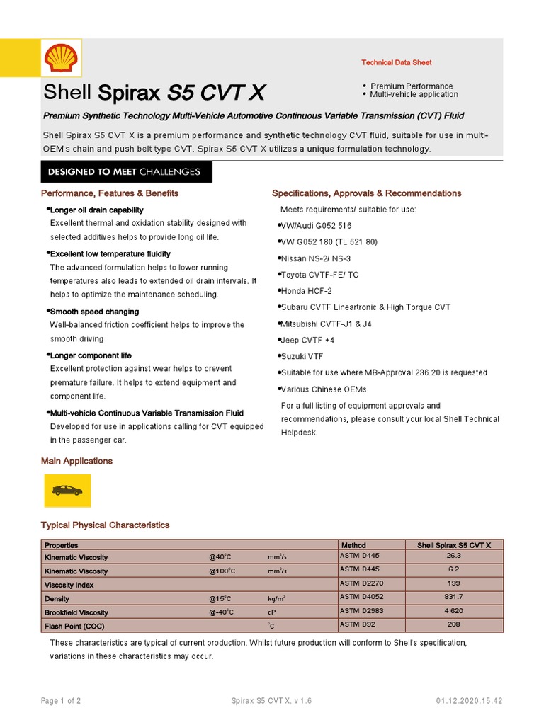 Shell Spirax S5 CVT X: Performance, Features & Benefits Specifications, Approvals ...