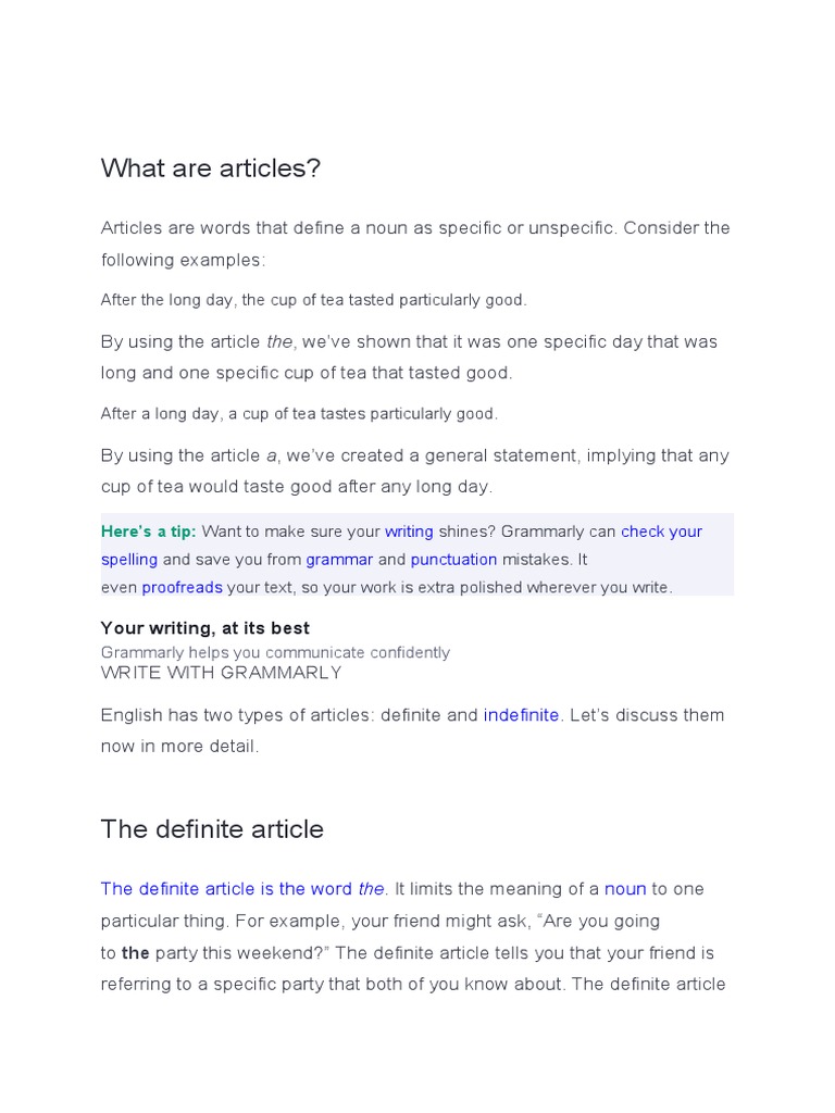A Detailed Explanation of Definite and Indefinite Articles | PDF | Word ...