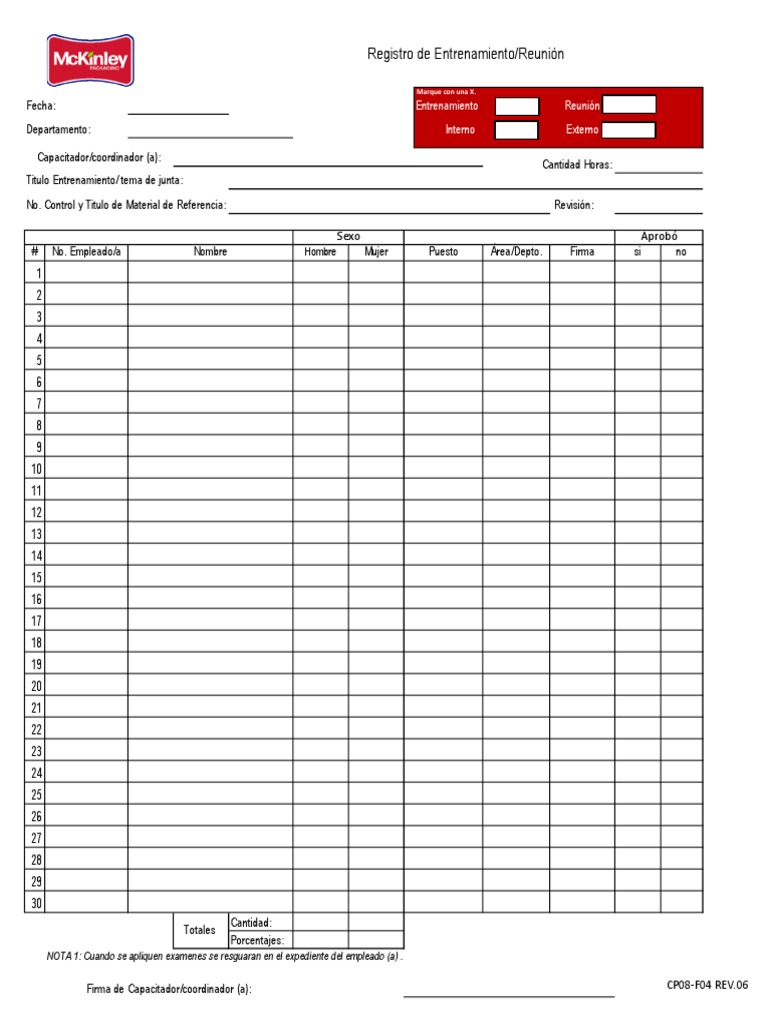 CP08-F04 Rev.06 Registro de Entrenamiento-Reunion | PDF