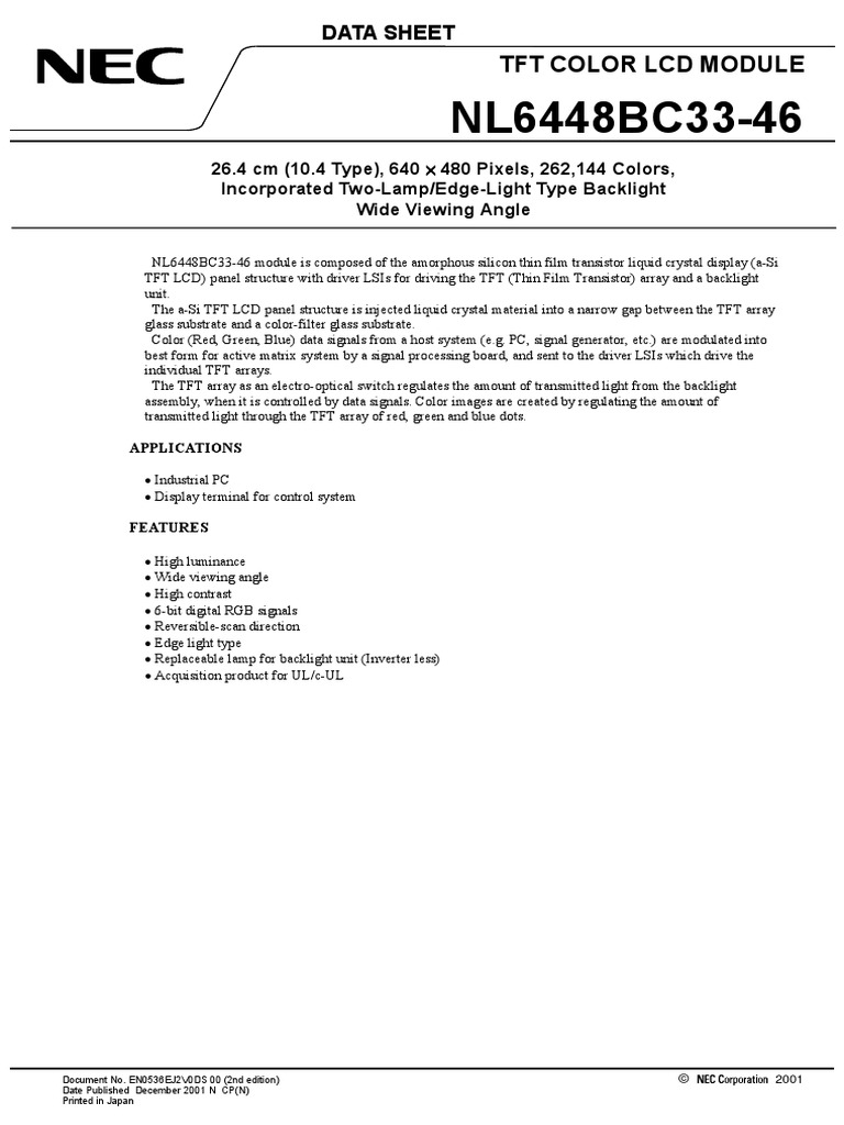 nl6448bc33-46 Datasheet | PDF | Thin Film Transistor Liquid Crystal ...