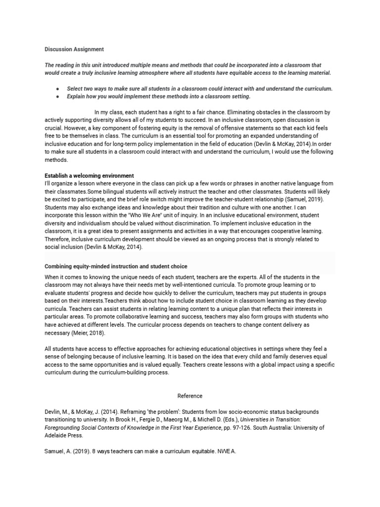 Discussion Assignment-EDUC 5711-Unit 3 - Curriculum For Diverse and ...