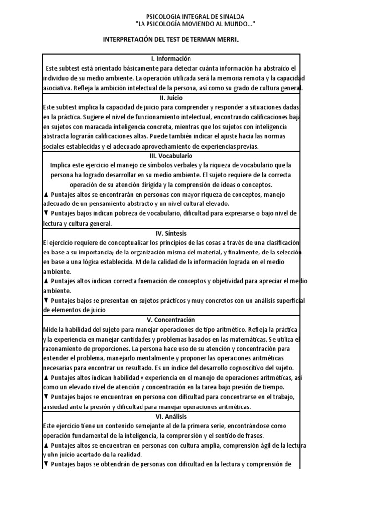 Interpretación del Test Terman Merrill | PDF | Inteligencia | Concepto