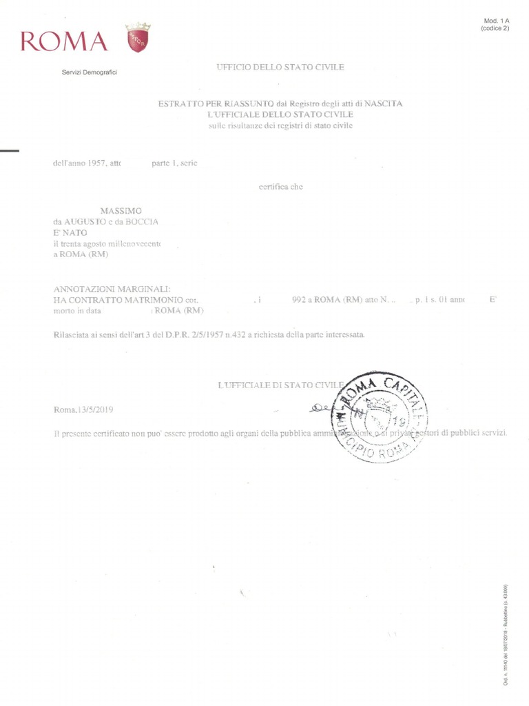 Esempio Estratto Atto Di Nascita | PDF