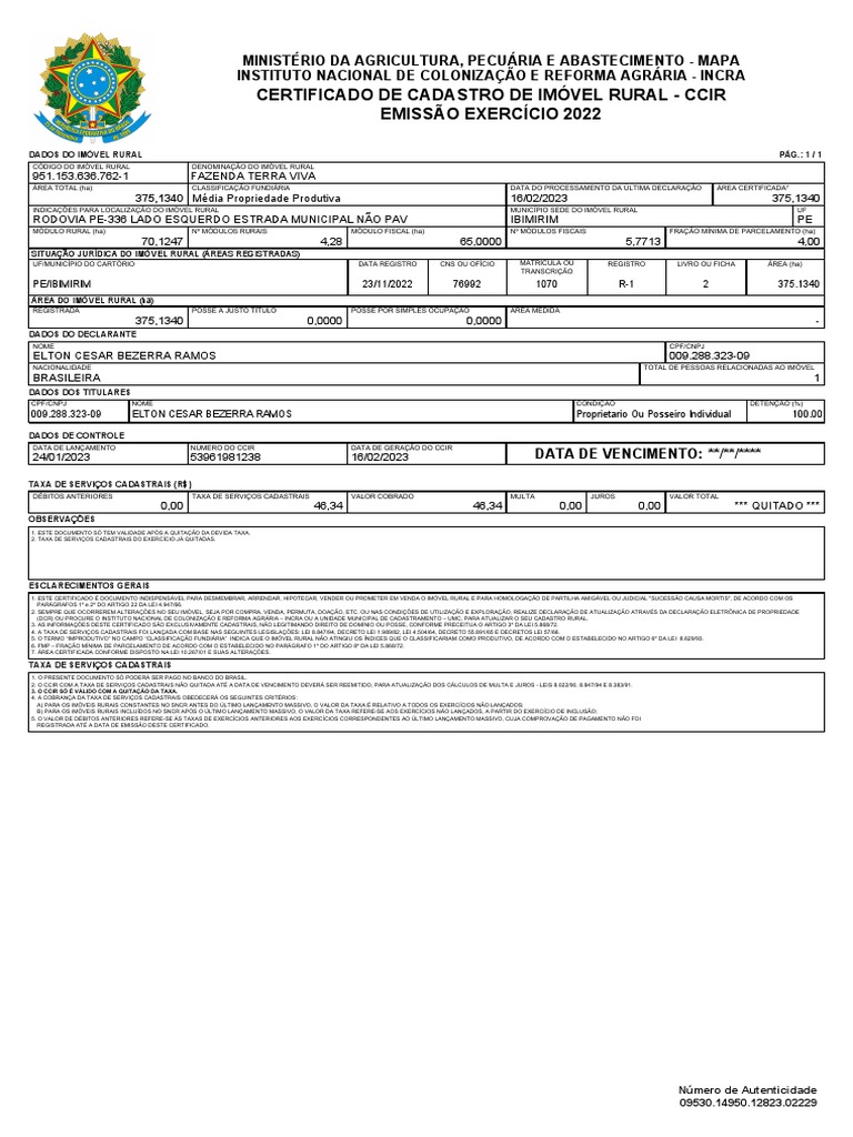 Certificado de Cadastro de Imóvel Rural - Ccir Emissão Exercício 2022 | PDF