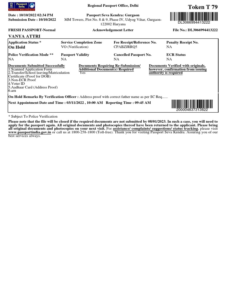 Request for Additional Address Proof Document for Passport Application Verification Due to ...