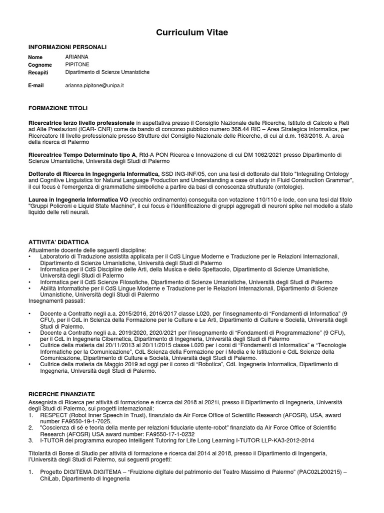 Curriculum Pipitone Arianna | PDF