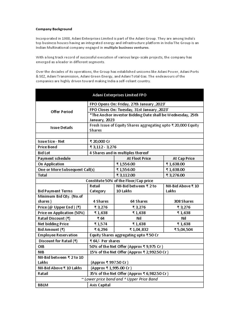 Adani Enterprises Limited FPO Product Note | Download Free PDF | Stocks ...