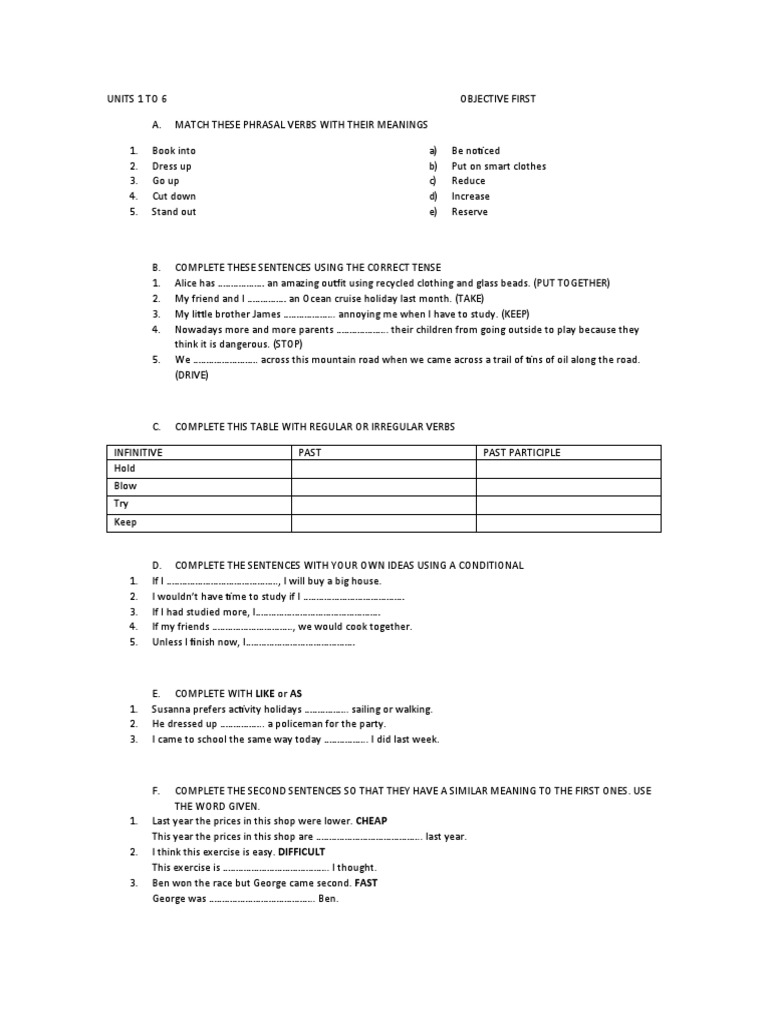 Mini Test Objective First 1 - 6 | PDF | Linguistics | Grammar