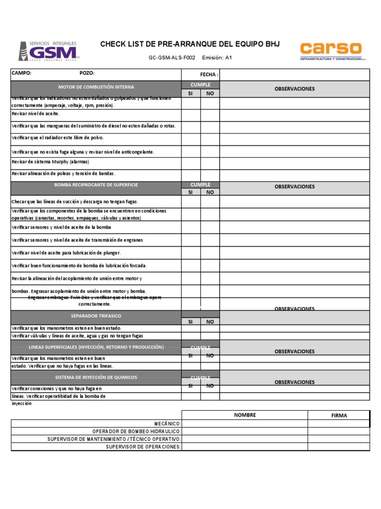 Check List de Pre-Arranque Del Equipo BHJ: Campo: Pozo: Fecha: SI NO Observaciones | PDF | Bomba ...