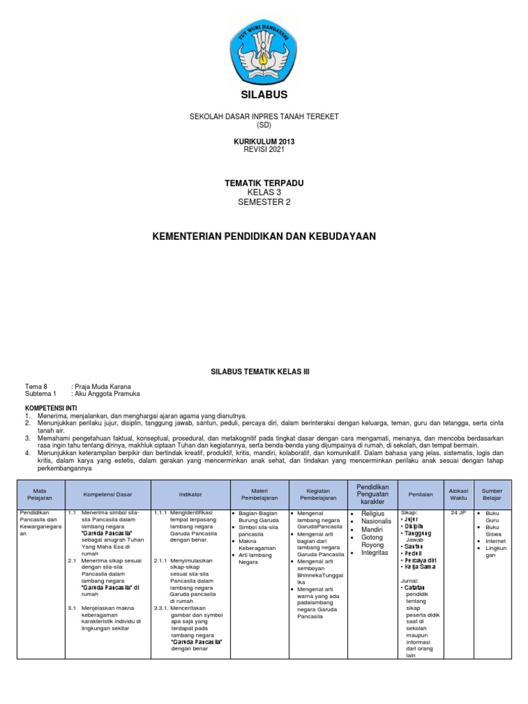 Silabus Tematik Kelas 3 SD 2021 | PDF