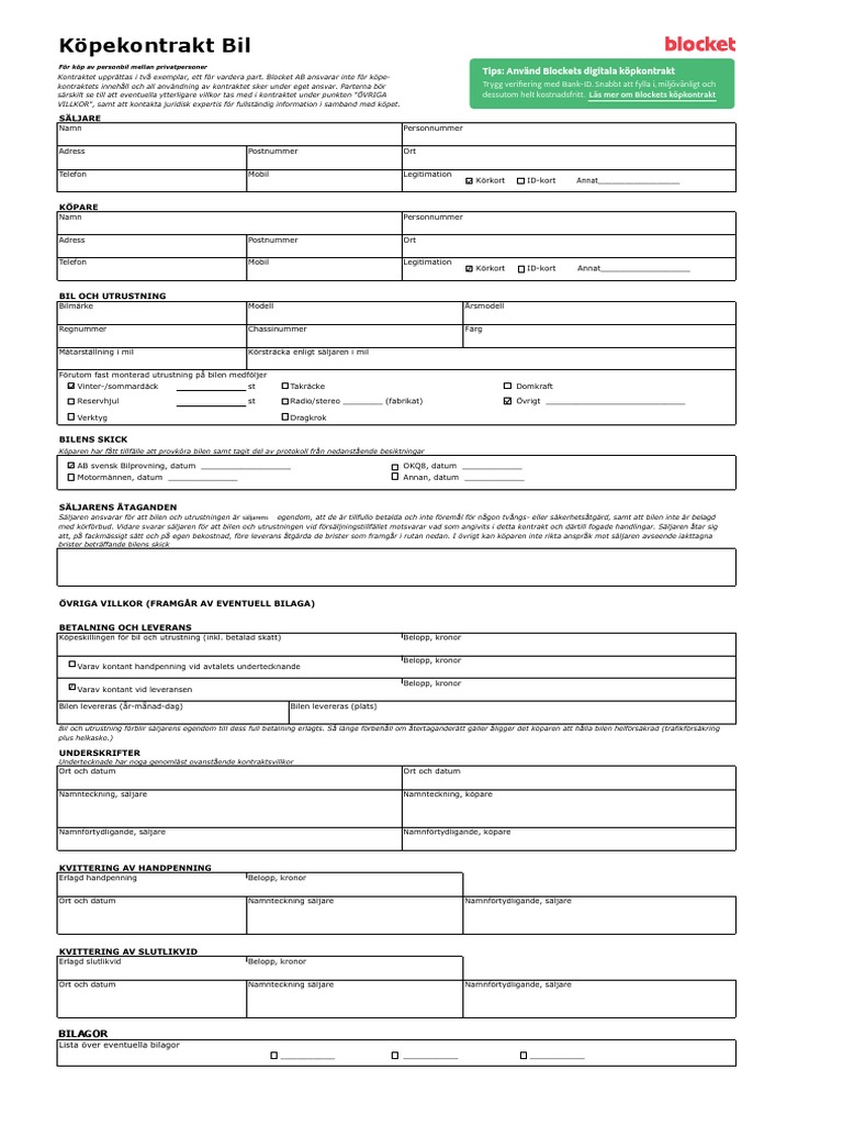 Köpekontrakt Bil (Kopia) | PDF