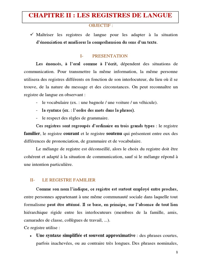 Les registres de langue en français | PDF | Phrase | Mécanique du langage